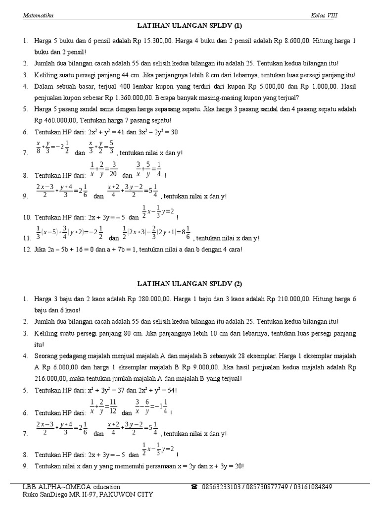 Latihan Ulangan SPLDV | PDF