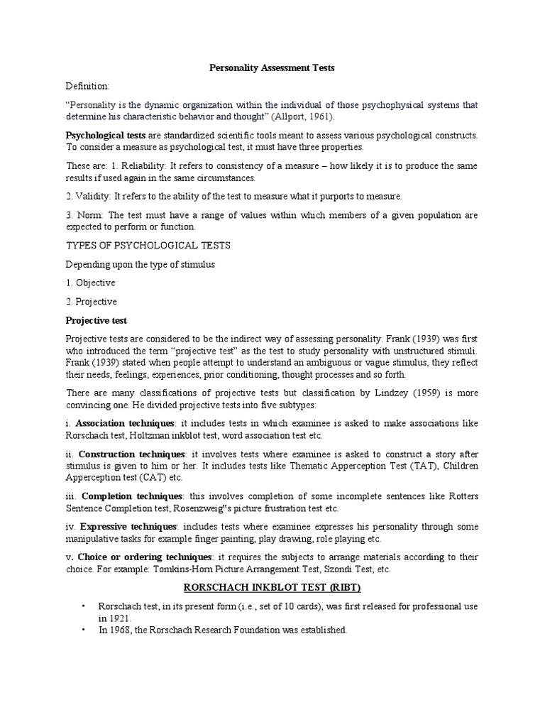 Personality Assessment Tests Topic | PDF | Abnormal Psychology | Psychology