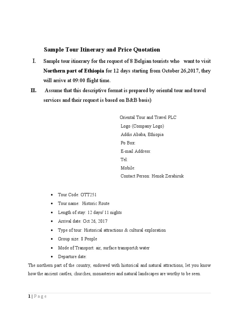 Sample Tour Itinerary & Quotation (Document 3) | PDF