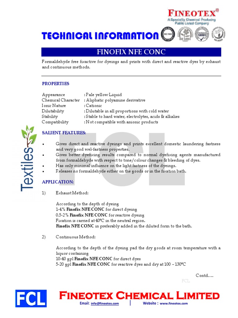 Finofix NFE Conc TDS | PDF | Dyeing | Dye