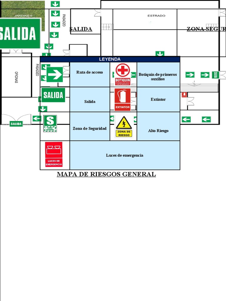 Mapa de seguridad que identifica las rutas de evacuación, equipos de ...
