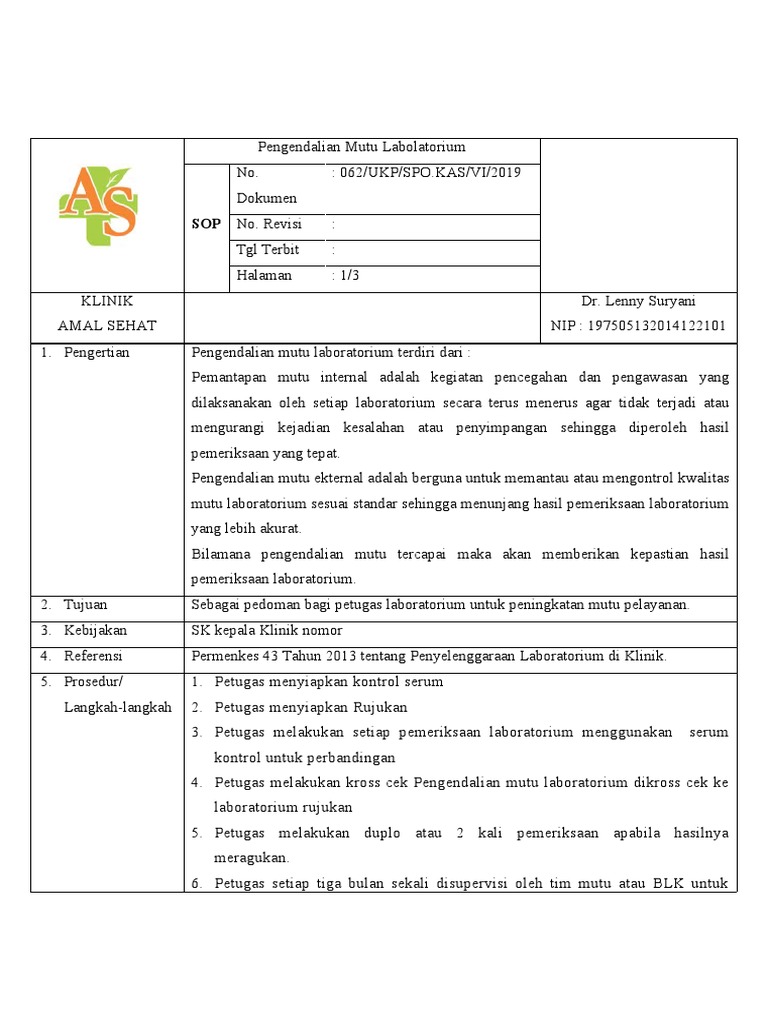 3.1.7.1 Sop Pengendalian Mutu Laboratorium | PDF