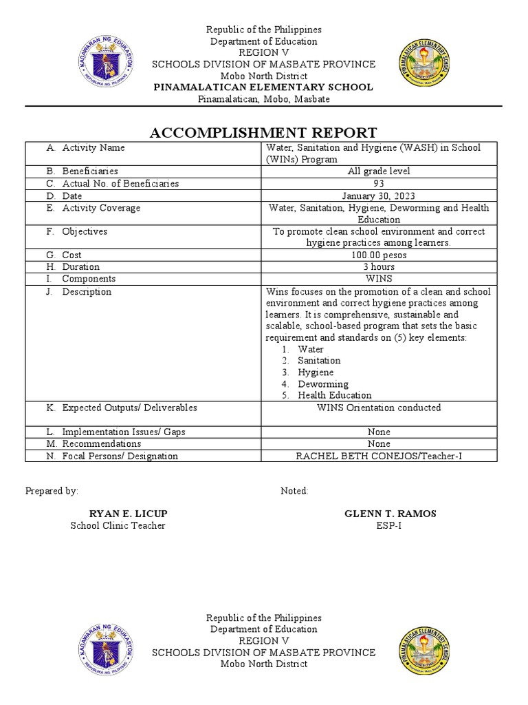 Accomplishment Report | PDF | Sanitation | Dentistry