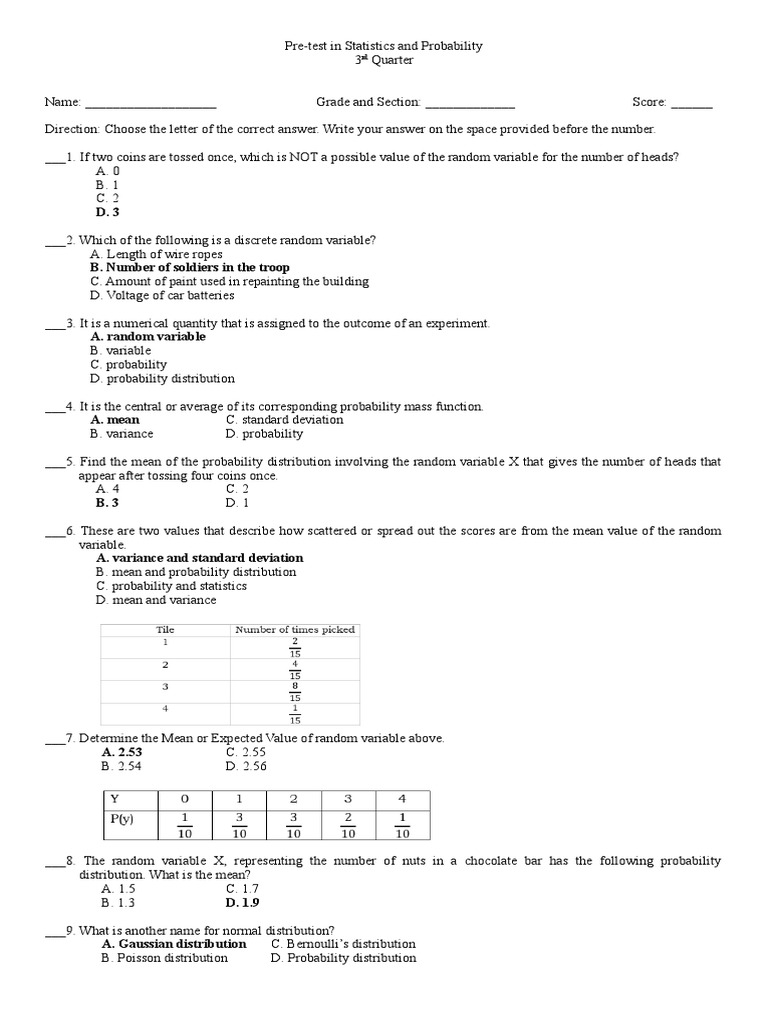 Pre TEST1 Answer | PDF | Probability Distribution | Mean