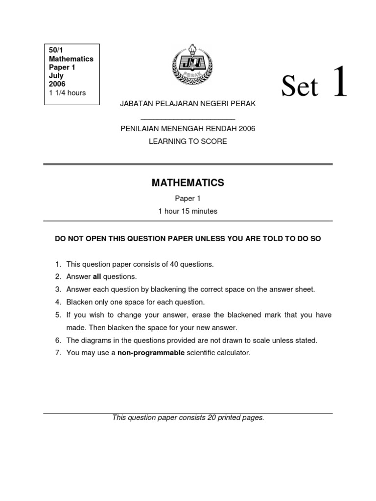 Mathematics Paper 1: PMR 2006 Exam | PDF