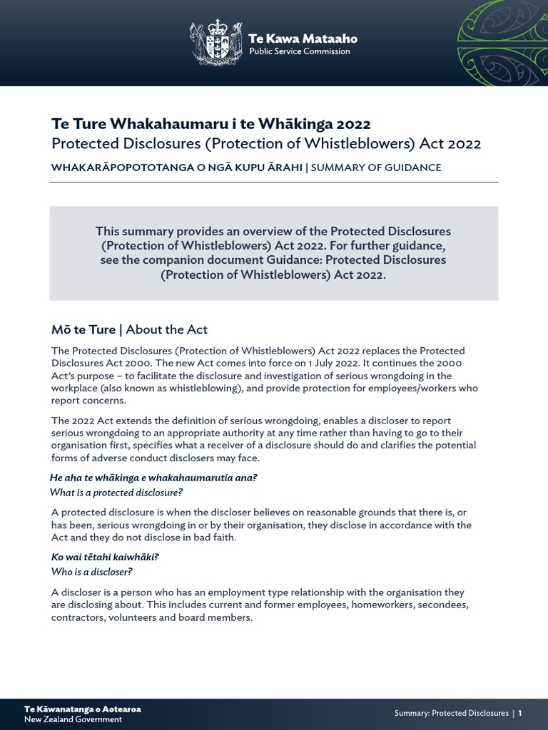 Protected Disclosures Act 2022 Summary of Guidance | PDF