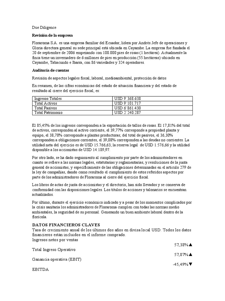 Due Diligence Financiera de Floraroma S.A. | PDF | Economias
