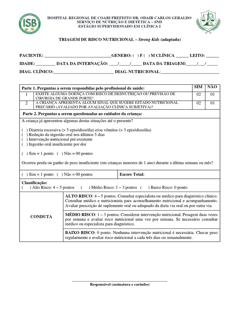 HRC - Clínica I - Triagem de Risco Nutricional Pediatria (Strong Kids ...