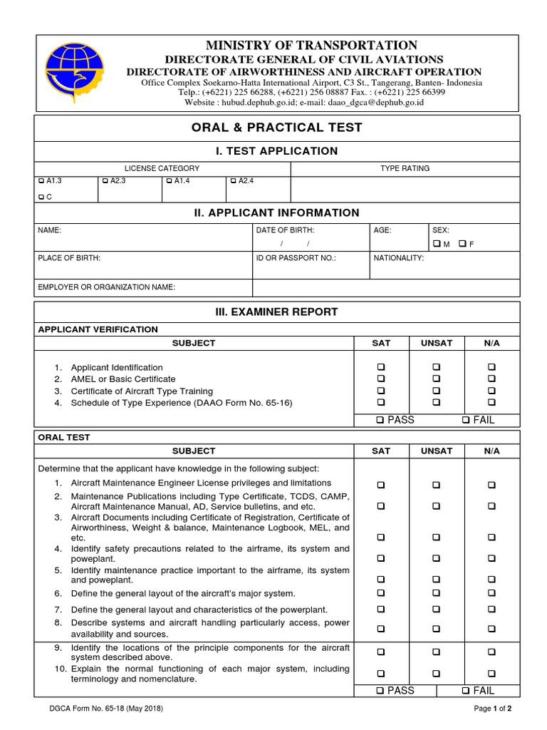 DGCA Form No. 65-18 Oral and Practical Test - May 2018 PDF | PDF ...