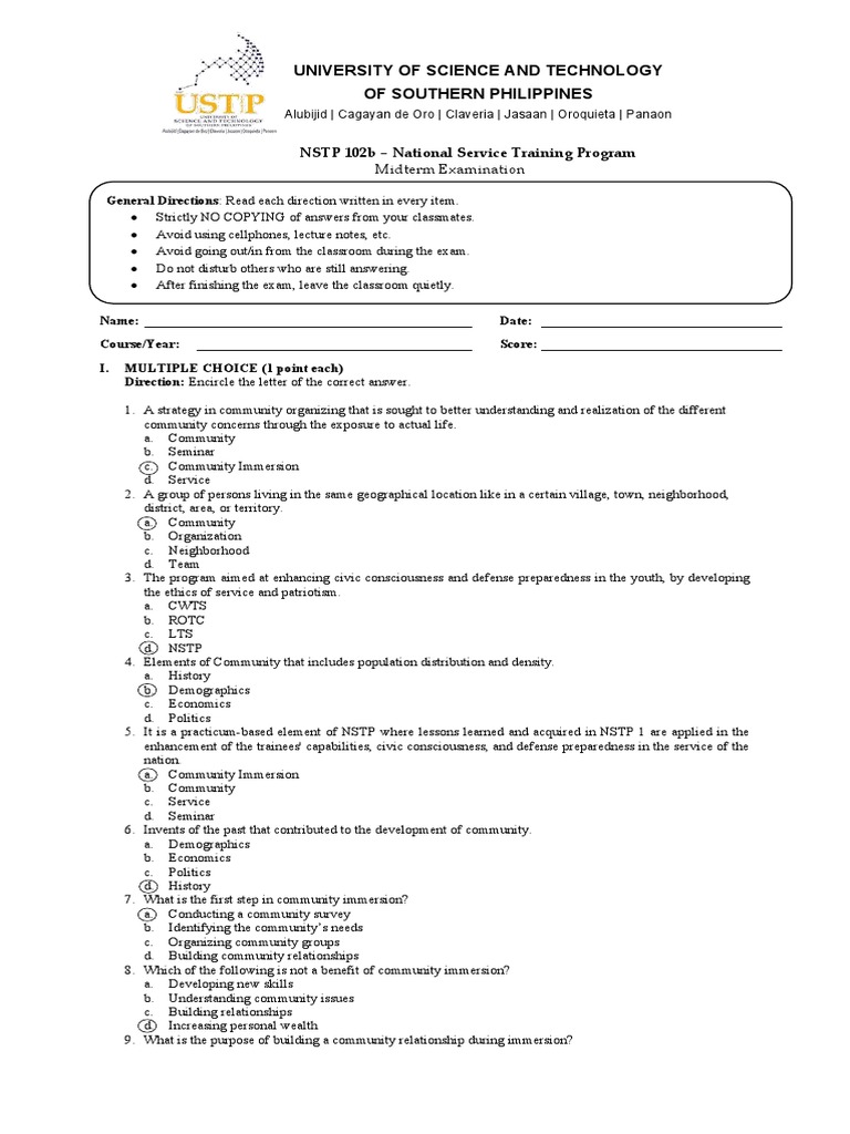 NSTP Midterm Exam and Answer Key | PDF | Community | Needs Assessment