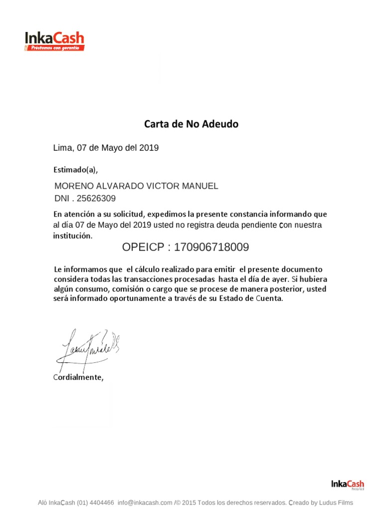 Carta de No Adeudo InkaCash | PDF | Negocios | Finanzas y dinero