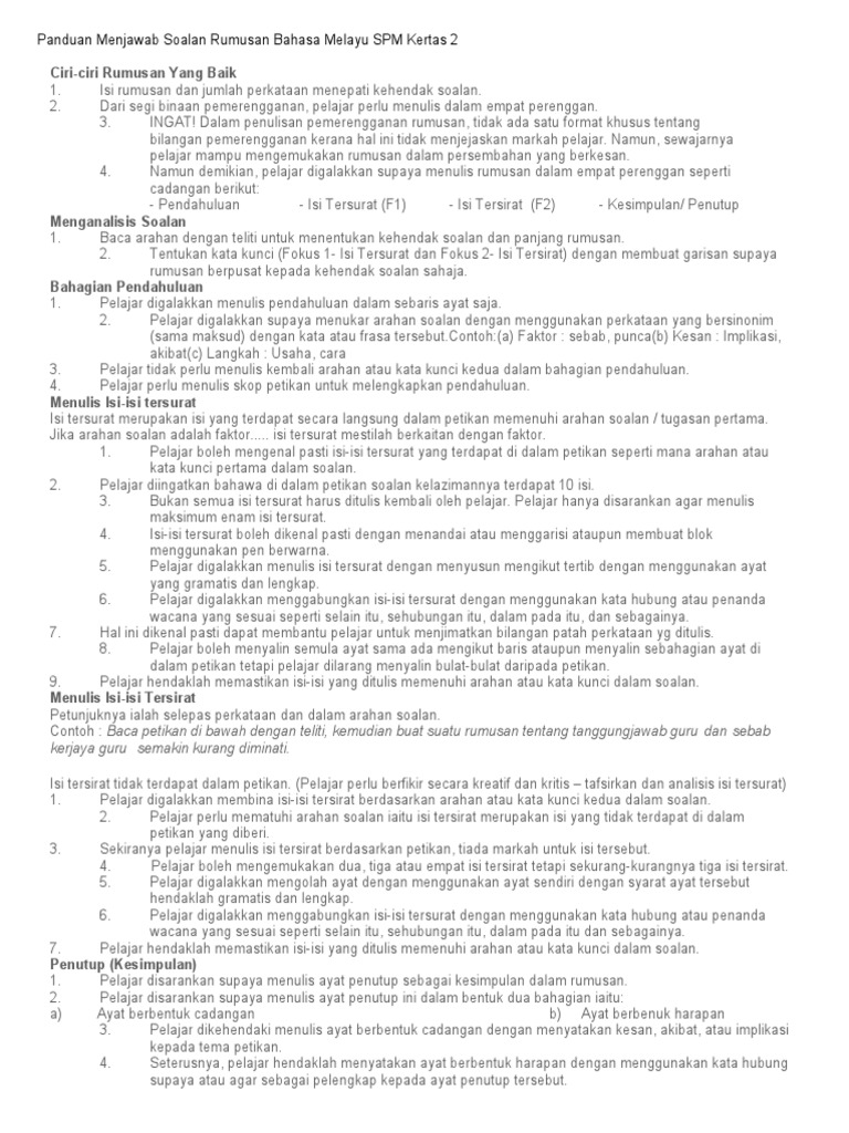Panduan Menjawab Soalan Rumusan Bahasa Melayu SPM Kertas 2 | PDF