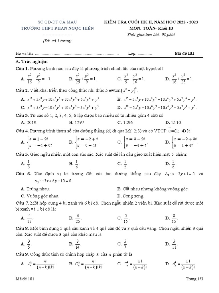 De Cuoi Ky 2 Toan 10 Nam 2022 2023 Truong THPT Phan Ngoc Hien Ca Mau | PDF