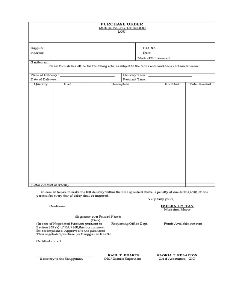 Purchase order for Municipality of Sogod | PDF | Business | Government