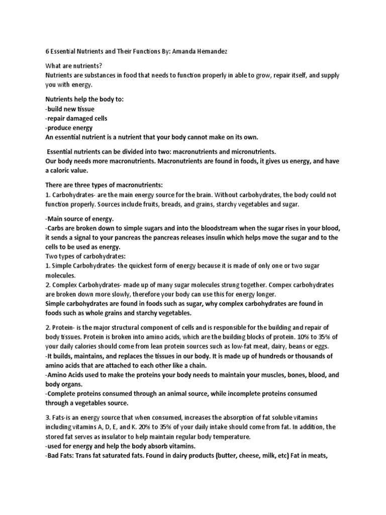 6 Essential Nutrients and Their Functions | PDF | Fat | Nutrients