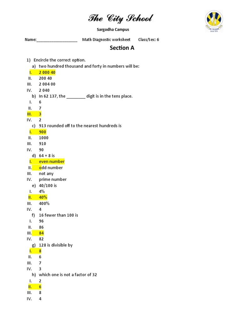 Class 6 Math Diagnostic Worksheet | PDF | Teaching Methods & Materials