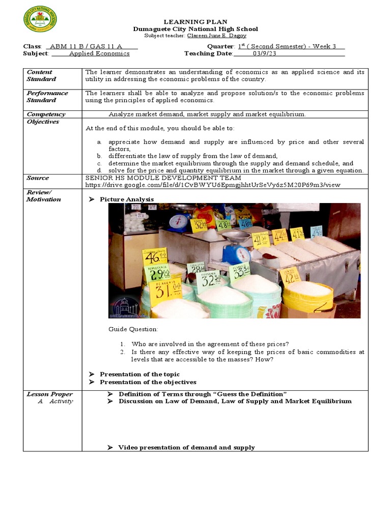 Lesson Plan Week 3 Applied Economics For Co | PDF | Supply (Economics) | Supply And Demand