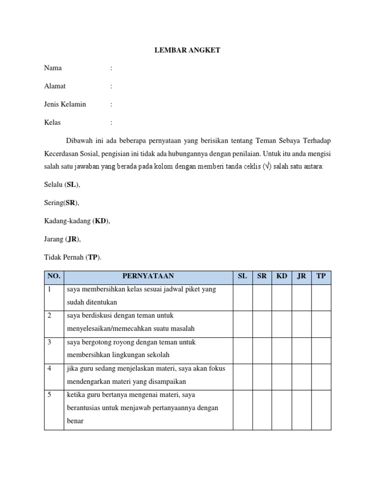 Angket Kecerdasan Sosial Teman Sebaya | PDF