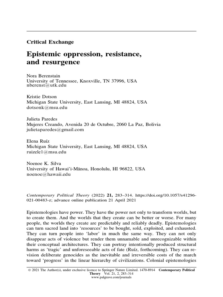 Epistemic Oppression, Resistance, and Resurgence | PDF | Epistemology ...
