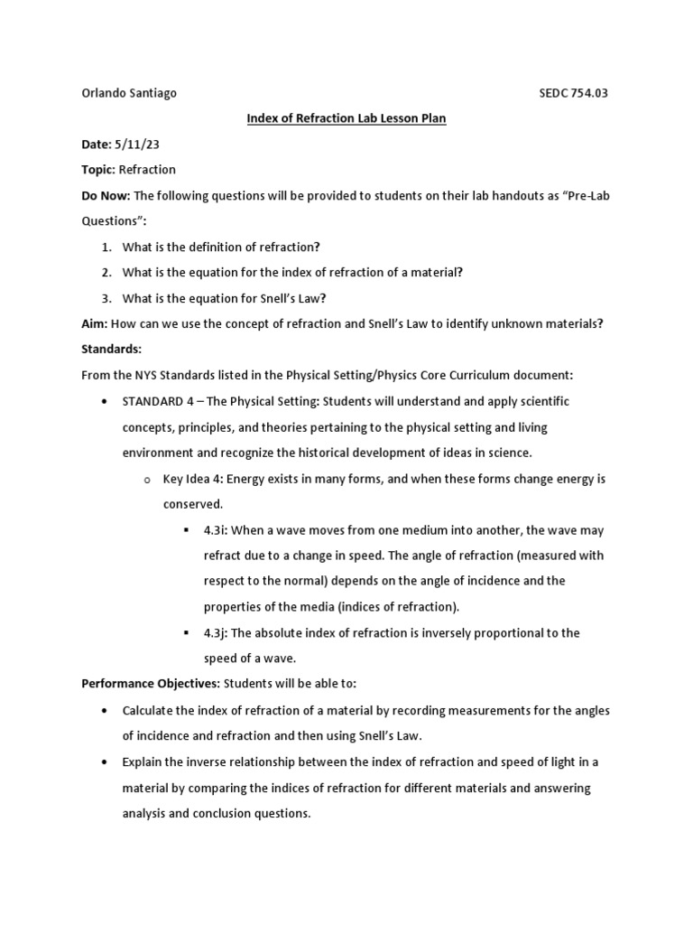 Refraction Lab Lesson Plan | PDF | Refraction | Refractive Index