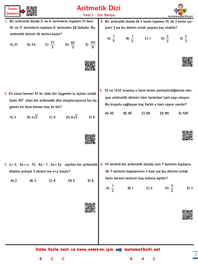 Aritmetik Dizi Test 1 Zor Seviye PDF | PDF