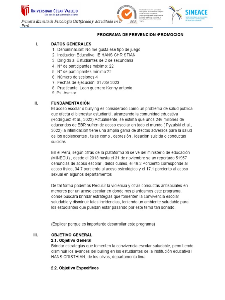 Esquema Programa Prevencion-Promocion | PDF | Evaluación | Sicología