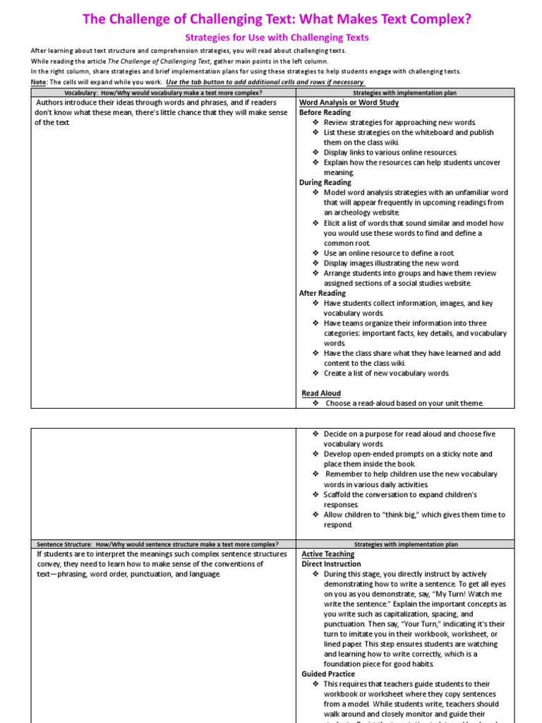 The Challenge of Challenging Text Assignment Organizer | PDF | Reading ...