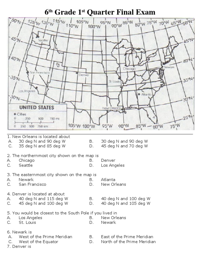 6th Grade 1st Quarter Final Exam | PDF | Latitude | Cartography