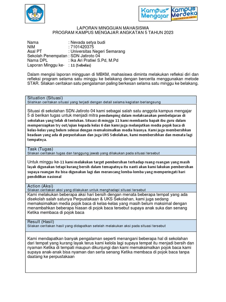 Format Laporan Mingguan Mahasiswa KM 5 Minggu 11 | PDF