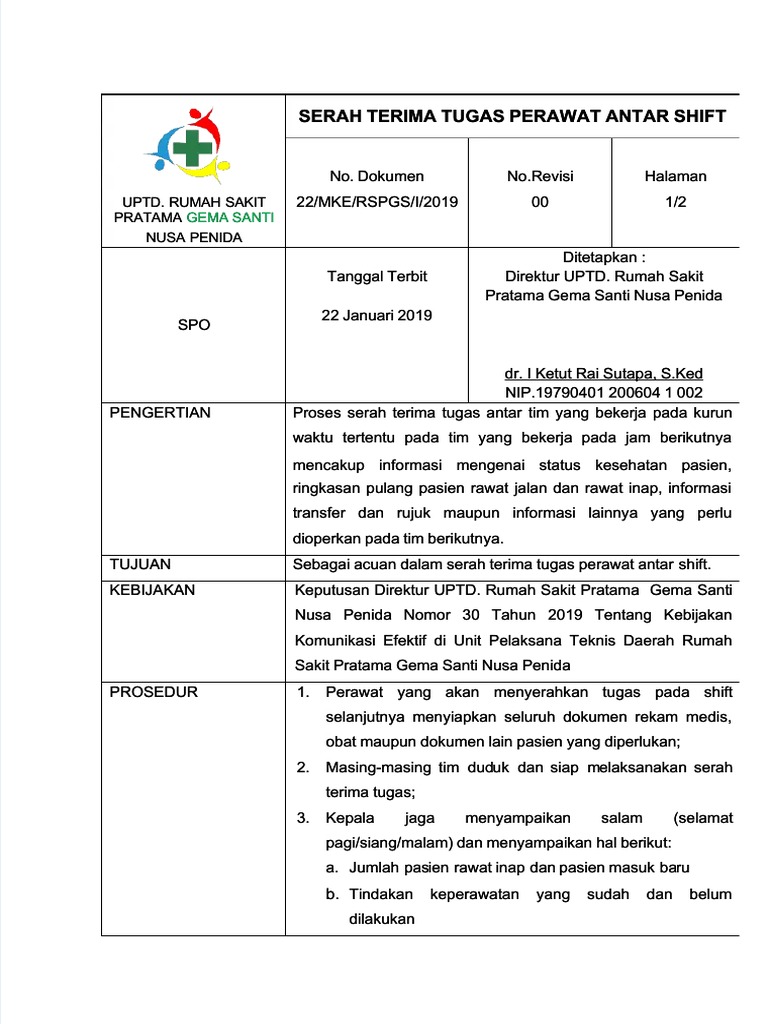 PDF Spo Serah Terima Tugas Perawat Antar Shift - Compress | PDF
