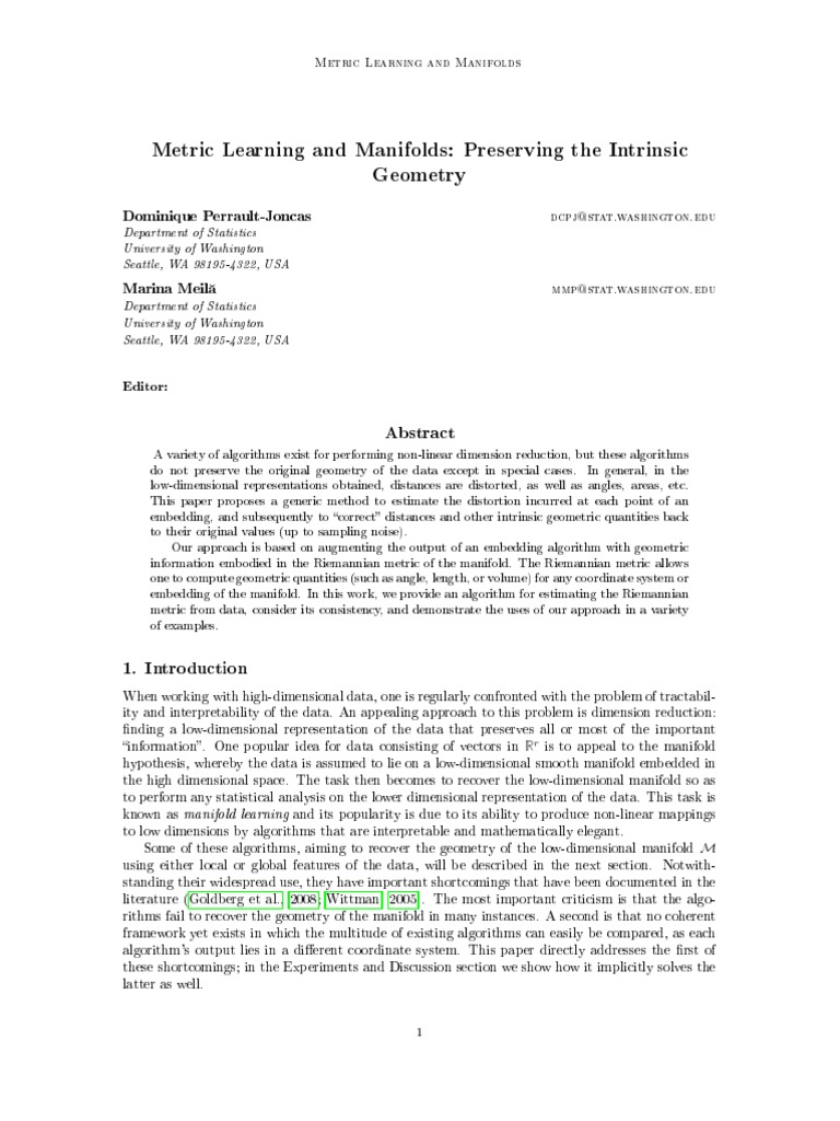 Metric Learning and Manifolds: Preserving The Intrinsic Geometry | PDF | Manifold | Principal ...
