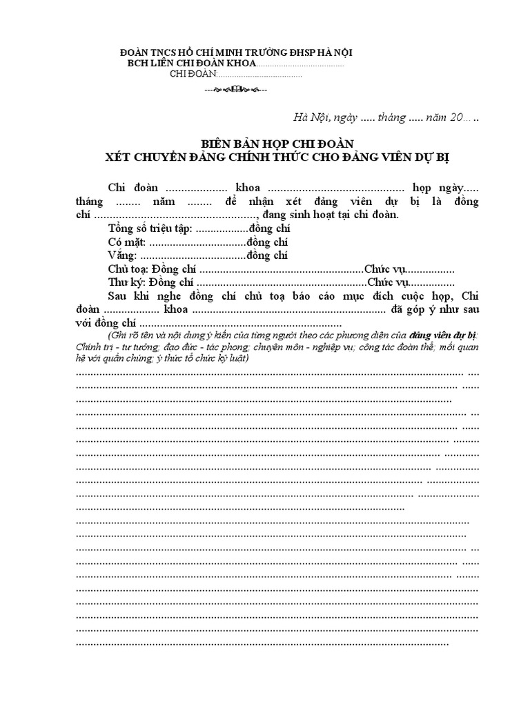 Bien Ban Hop Chi Doan Xet Chuyen Dang Chinh Thuc | PDF