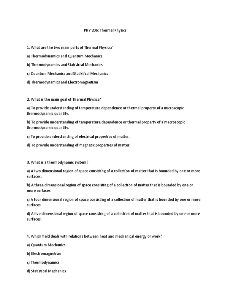 PHY 206 Thermal Physics Multiple Choice Questions | PDF | Heat ...