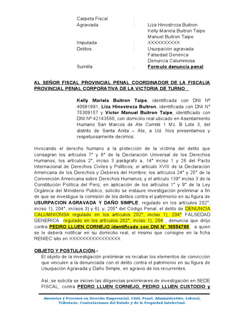 Modelo de Denuncia Por Usurpacion y Danos NCPP LP | PDF | Derecho penal ...