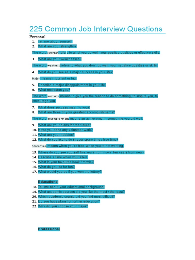 225 Common Job Interview Questions | PDF
