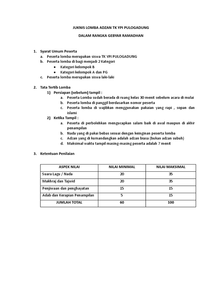 Juknis & Format Nilai Lomba Adzan TK Ypi Pulogadung | PDF