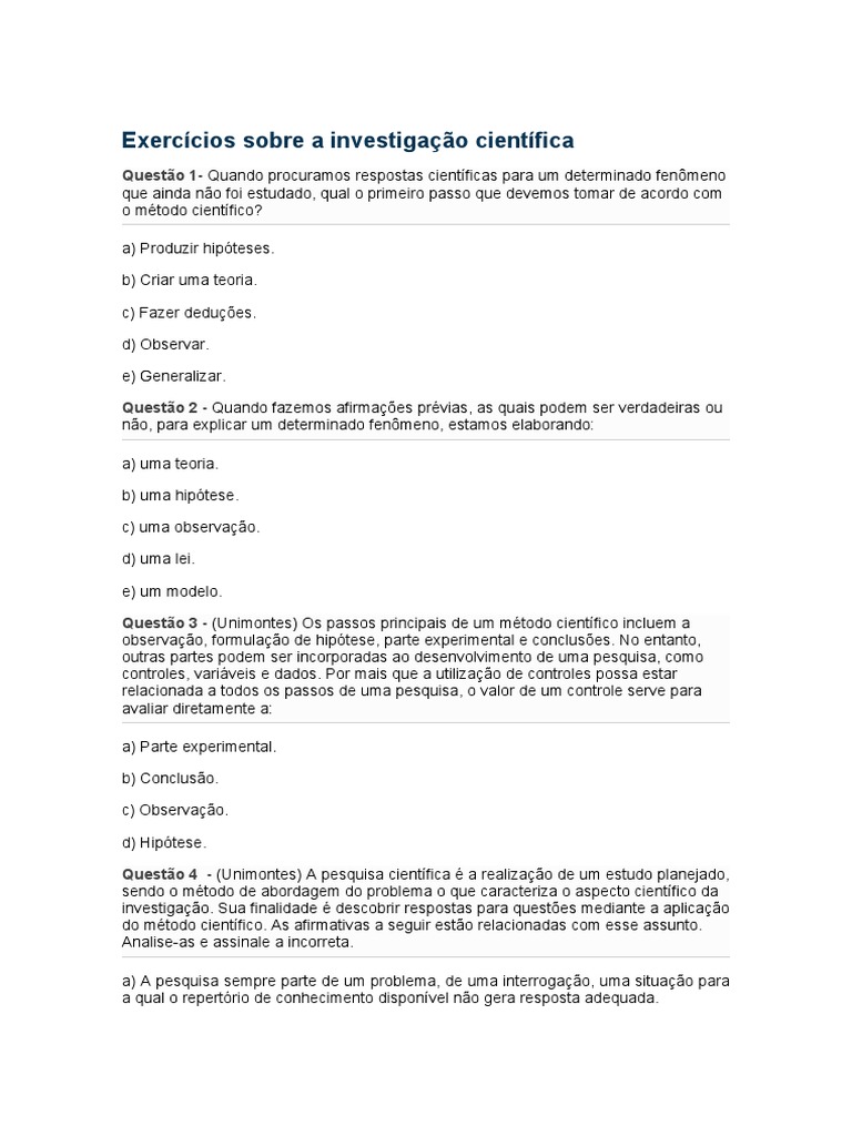 Exercícios sobre o método científico: observação, formulação de ... Exercícios sobre o método científico: observação, formulação de ...