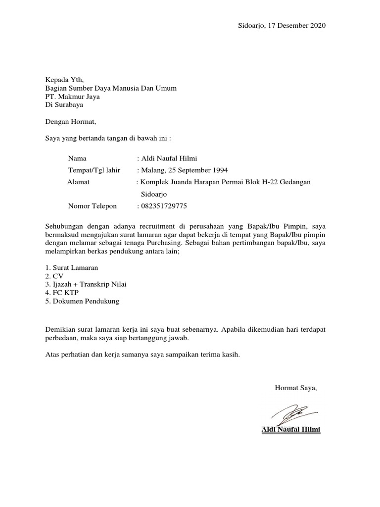 Surat Lamaran Kerja Aldi Naufal Hilmi | PDF | Karier & Perkembangan | Hukum