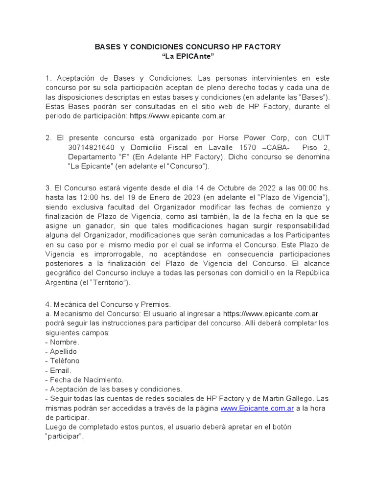 Bases y condiciones del concurso 'La Epicante' organizado por HP Factory para la entrega de un ...