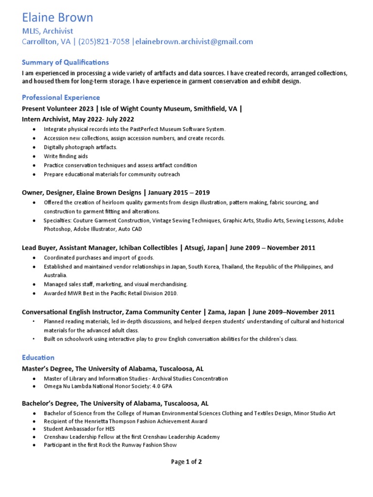 Elaine Brown Resume | Download Free PDF | Archivist