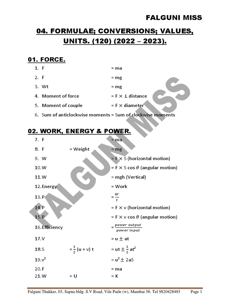 X Phy Masterkey Formulae 22 - 23 | PDF | Kilogram | Force