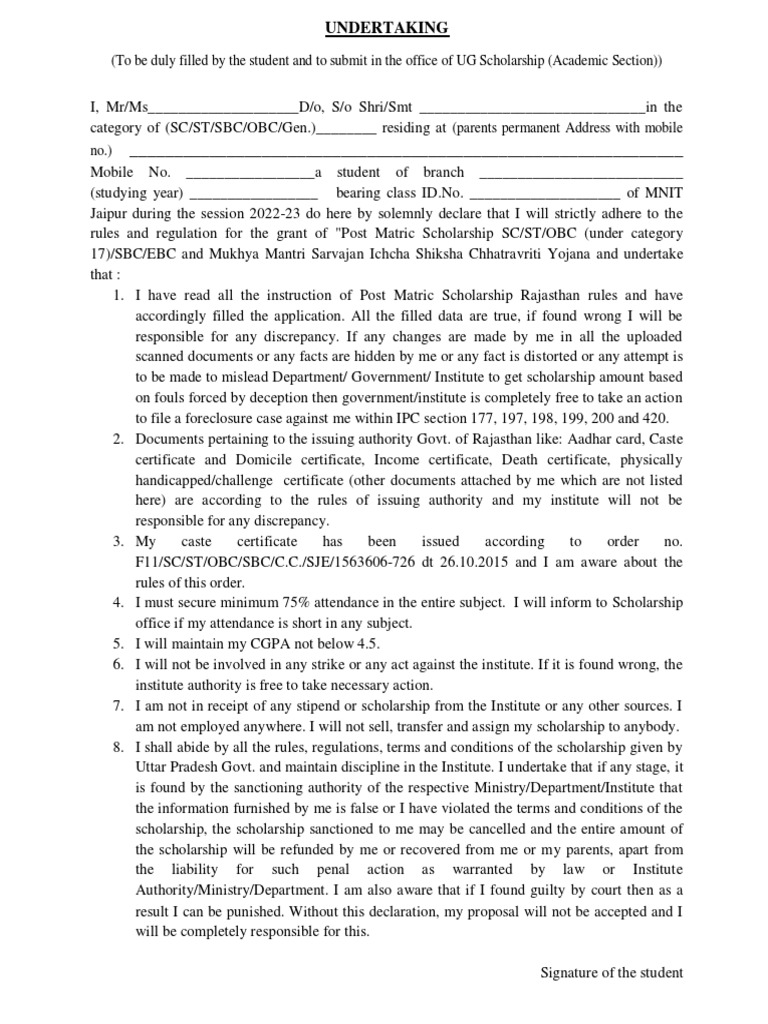 Undertaking For Rajasthan Scholarship | PDF | Justice | Crime & Violence