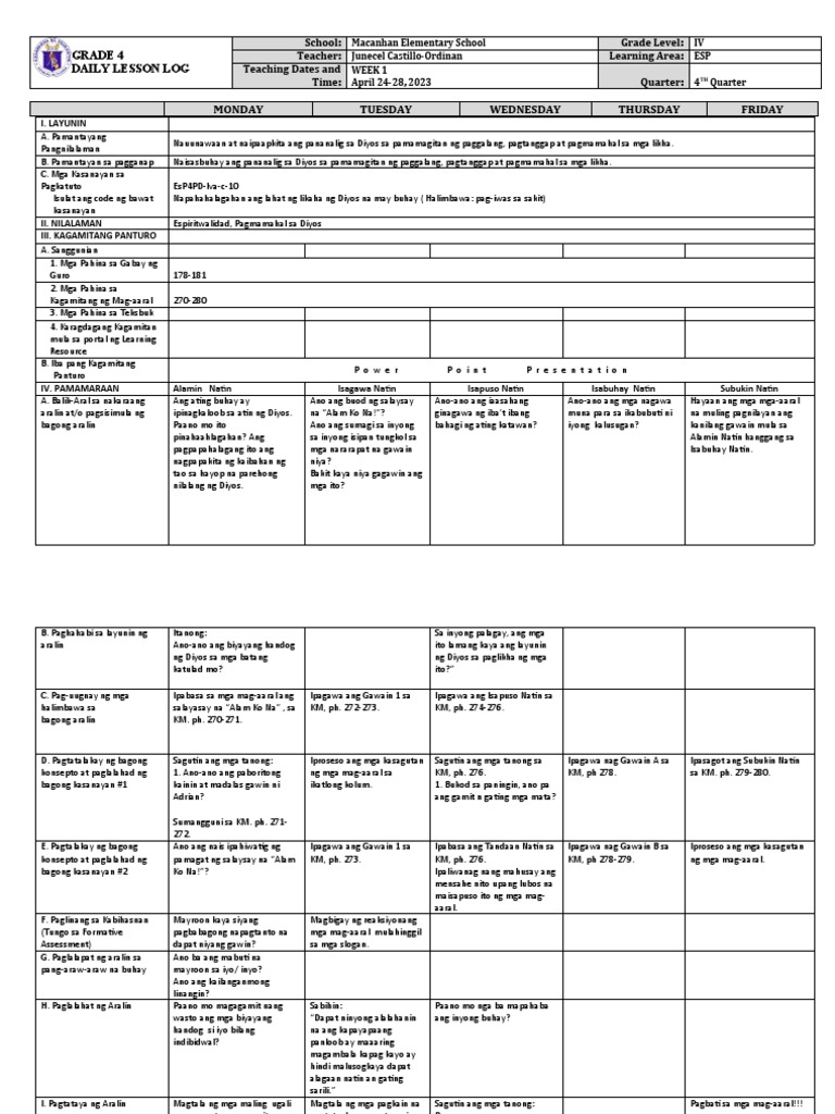 Grade 4 DLL ESP 4 Q4 Week 1 | PDF