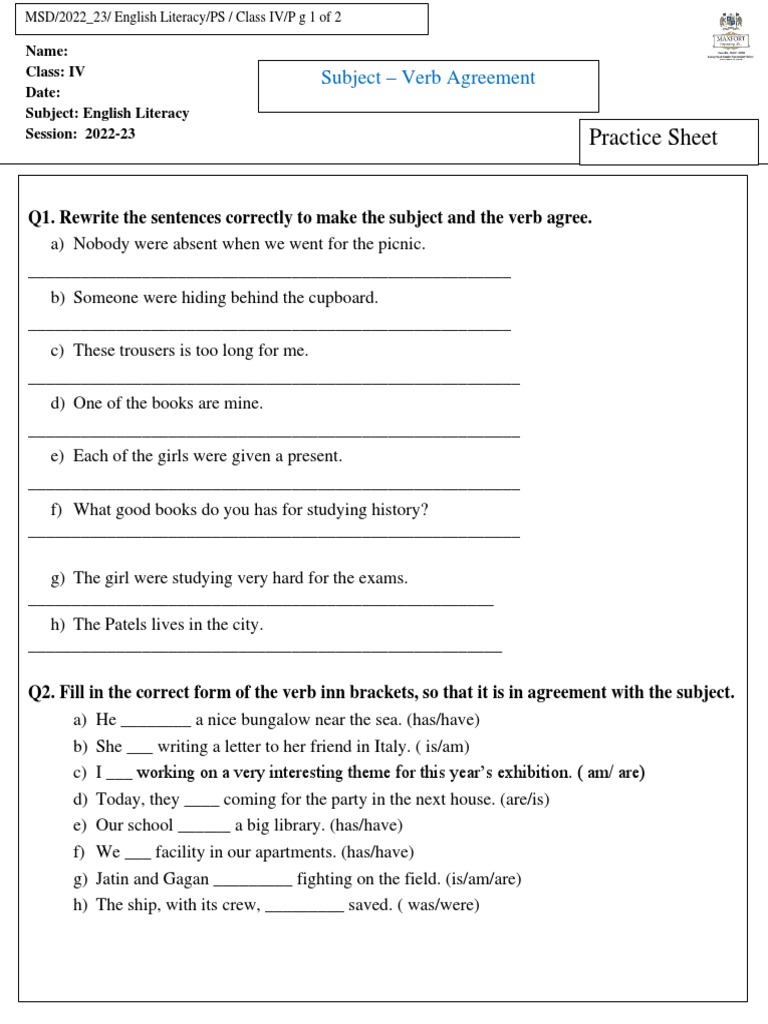 Subject-Verb Agreement Practice for Class IV | PDF | Language Families ...