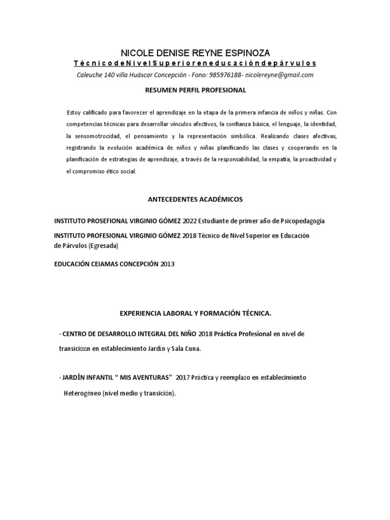 Curriculum Nicole Reyne | PDF | Crecimiento personal y profesional