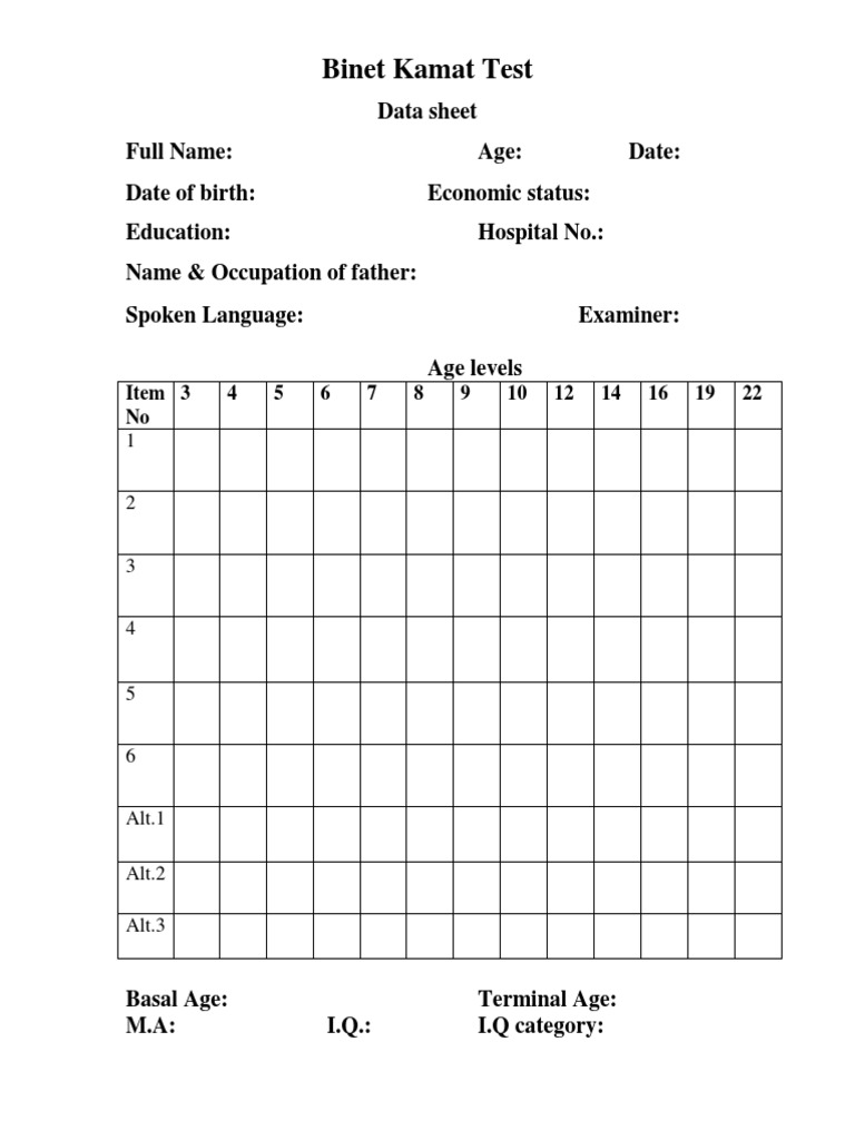Binet Kamat Test Data Sheet | PDF | Intelligence Quotient | Mental ...