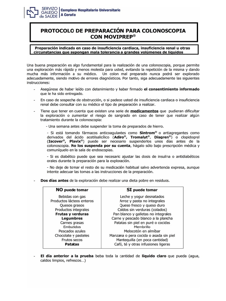 Instrucciones Preparación Colonoscopia - MOVIPREP | PDF