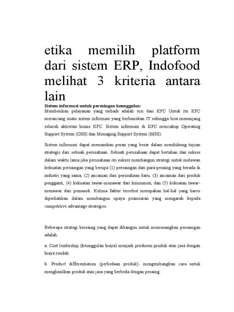 Kriteria Pemilihan Platform ERP Indofood | PDF