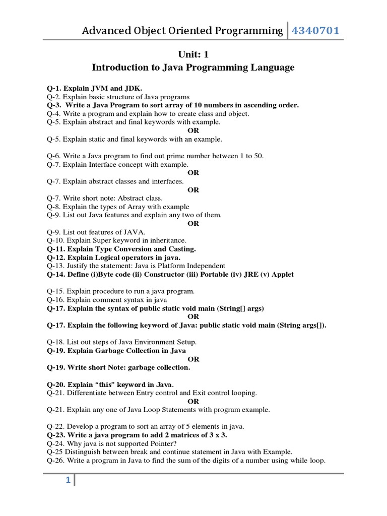 4340701-AOOP-Question Bank PDF | Download Free PDF | Java (Programming Language) | Method ...