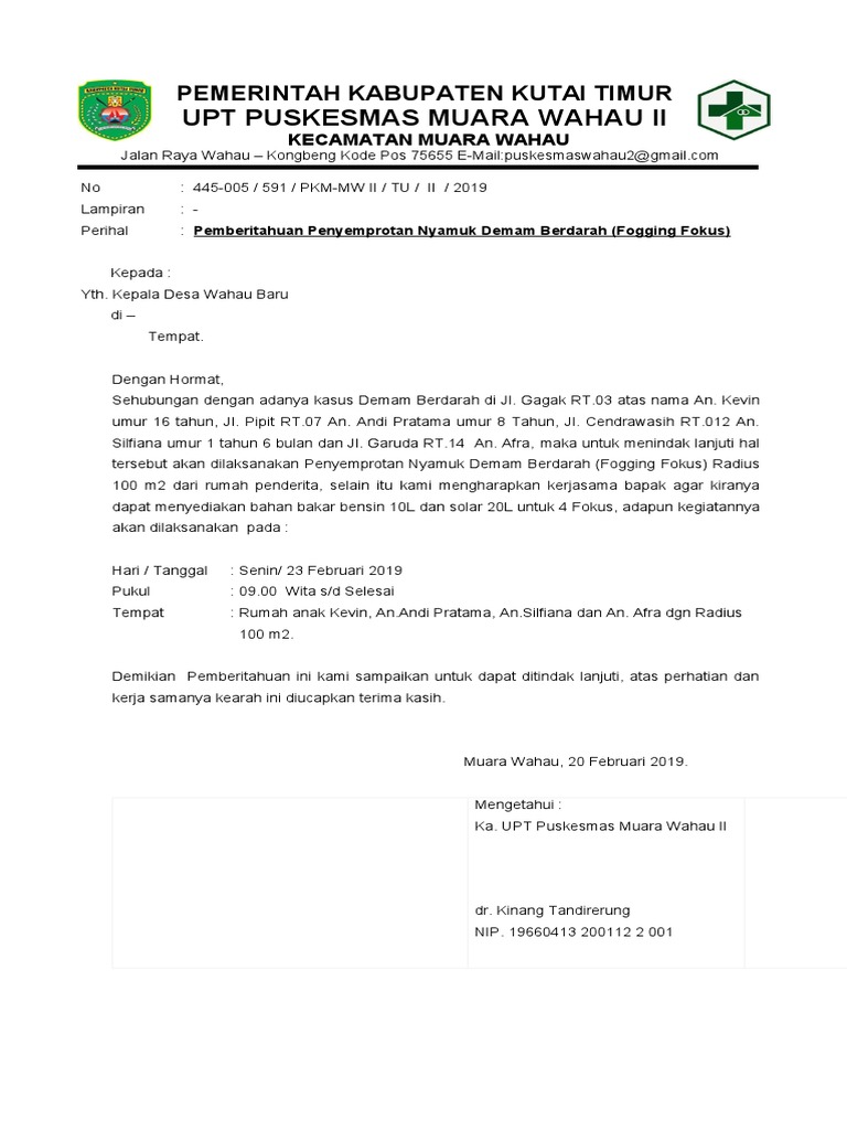 Surat Pemberitahuan PENYEMPROTAN FOGGING 2019 | PDF